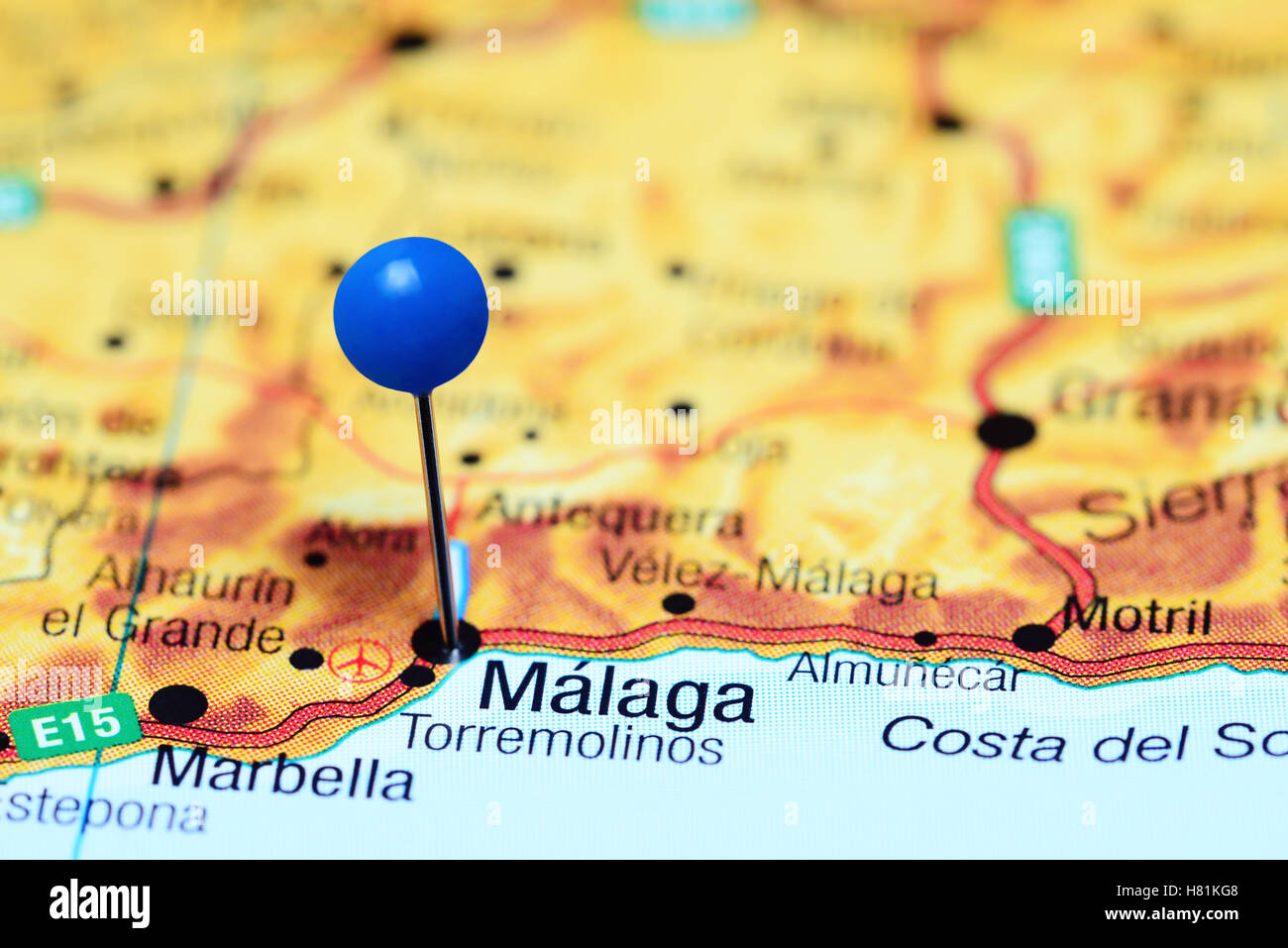 Malanga pinned on a map of Spain Stock Photo - Alamy