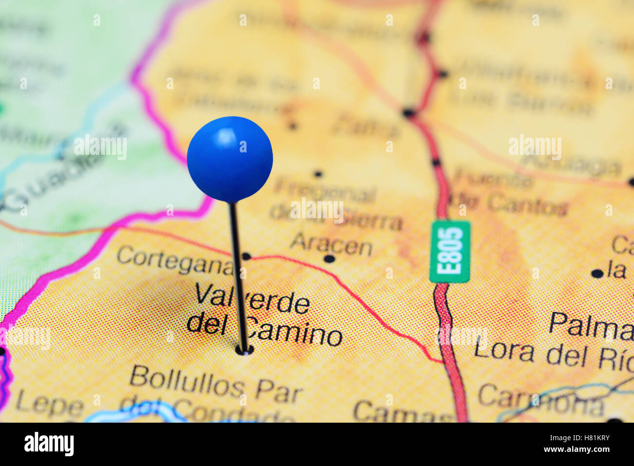 Valverde del Camino pinned on a map of Spain Stock Photo - Alamy