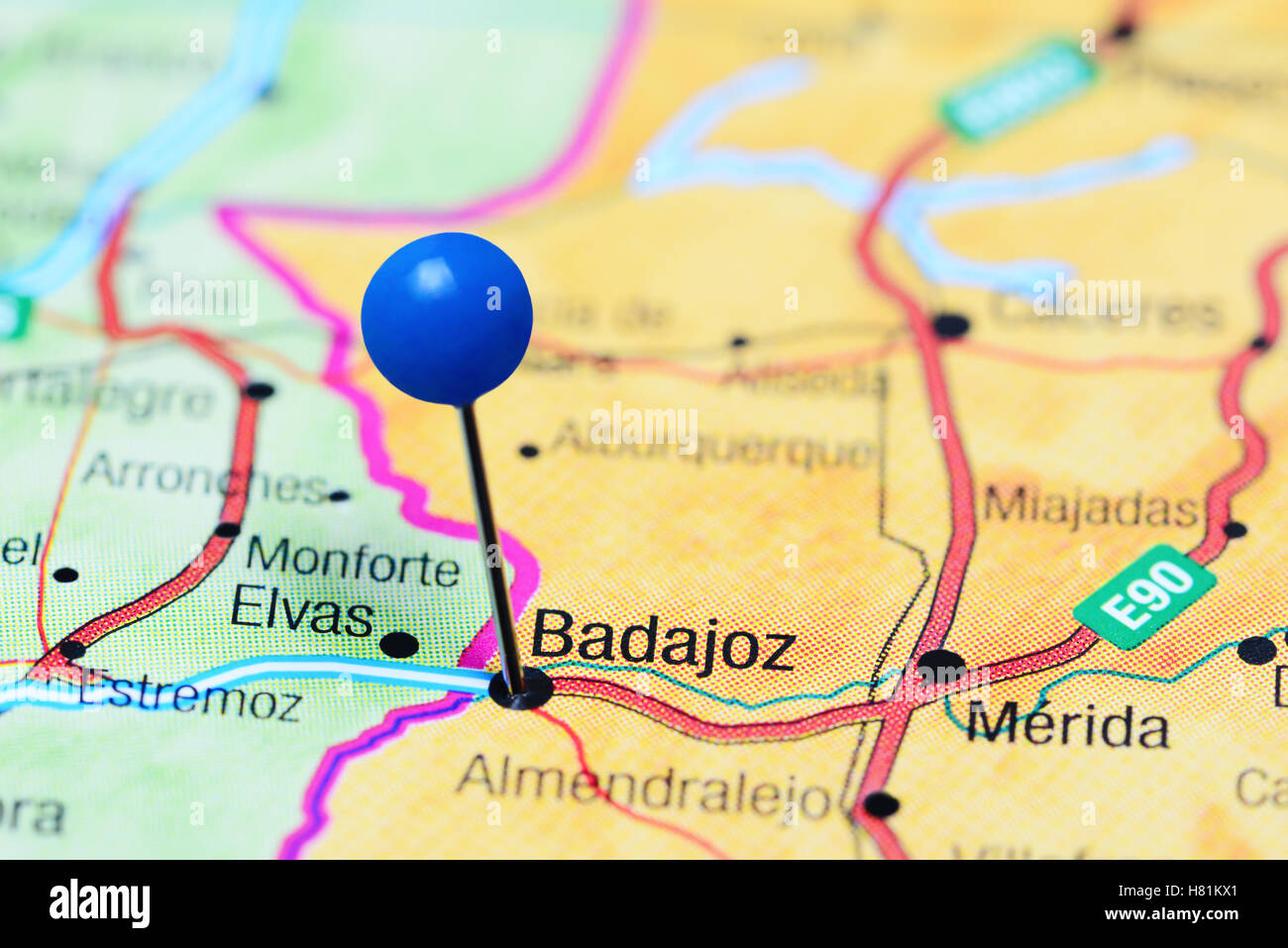 Badajoz pinned on a map of Spain Stock Photo - Alamy