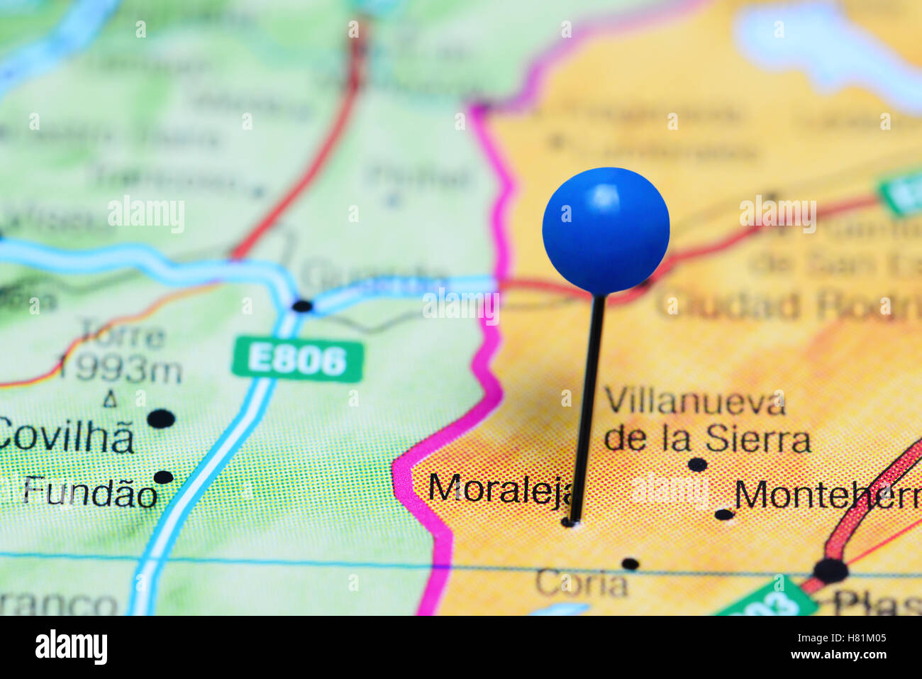 Moraleja pinned on a map of Spain Stock Photo - Alamy