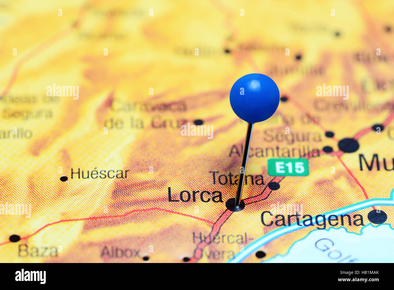 Lorca pinned on a map of Spain Stock Photo - Alamy