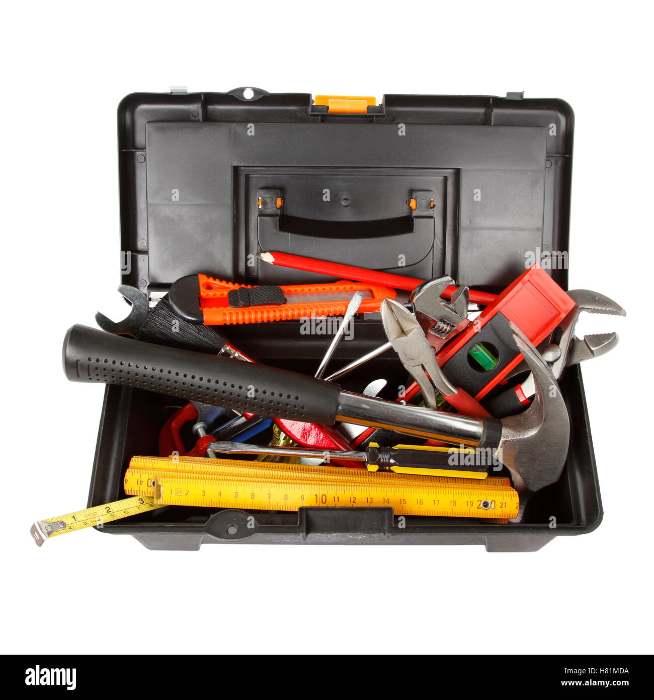 Tools in open toolbox on plain background Stock Photo - Alamy