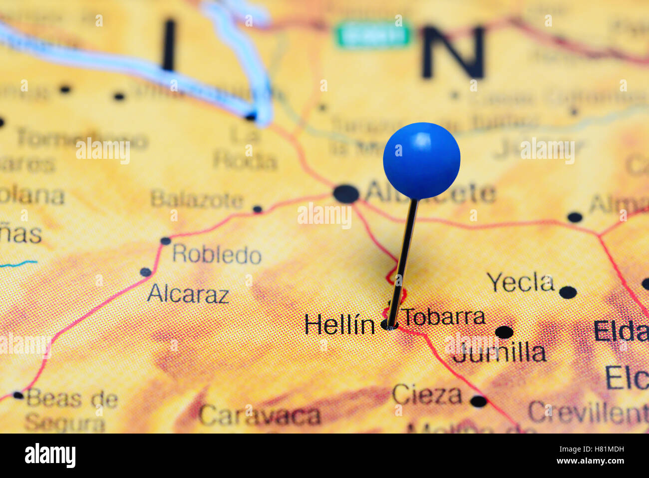Hellin pinned on a map of Spain Stock Photo - Alamy
