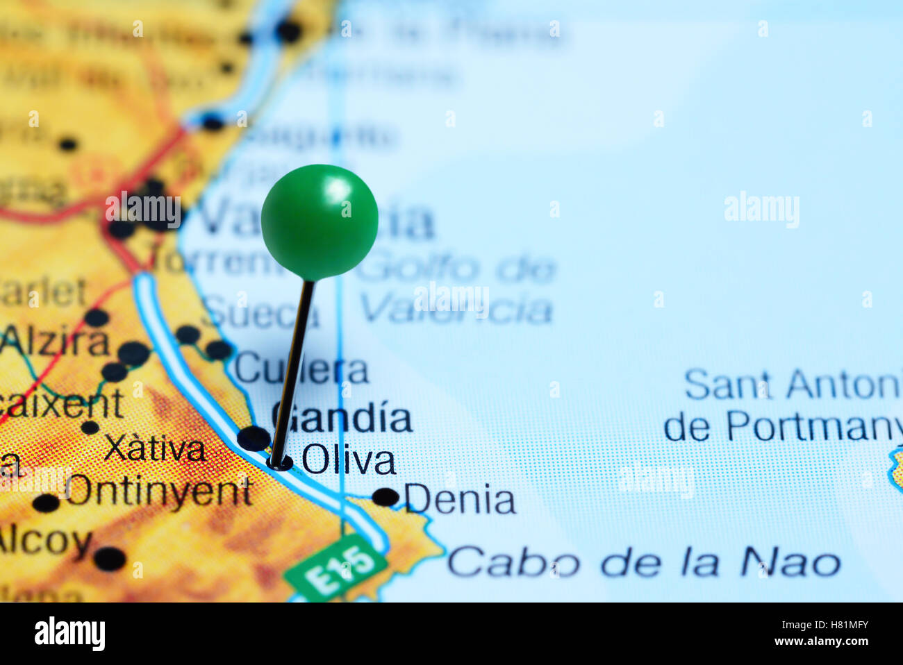 Oliva pinned on a map of Spain Stock Photo - Alamy