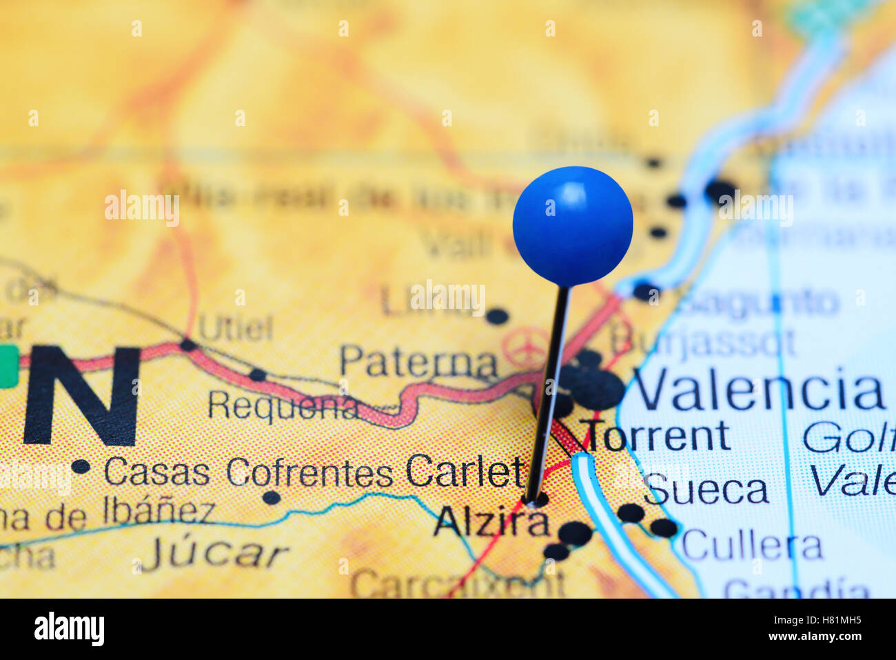 Carlet pinned on a map of Spain Stock Photo - Alamy