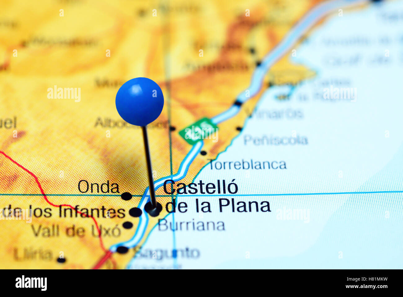 Castello de la Plana pinned on a map of Spain Stock Photo - Alamy