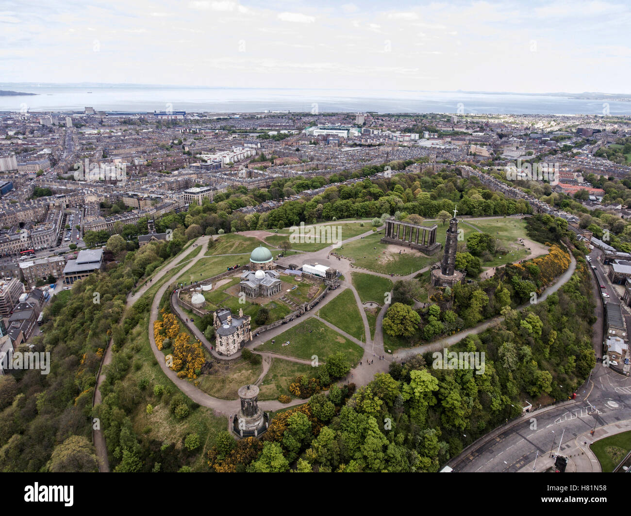 Edinburgh city the historic Calton Hill Monuments Aerial shot 3 Stock ...