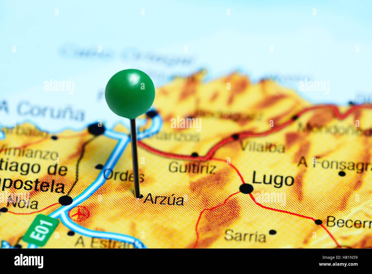 Arzua pinned on a map of Spain Stock Photo - Alamy