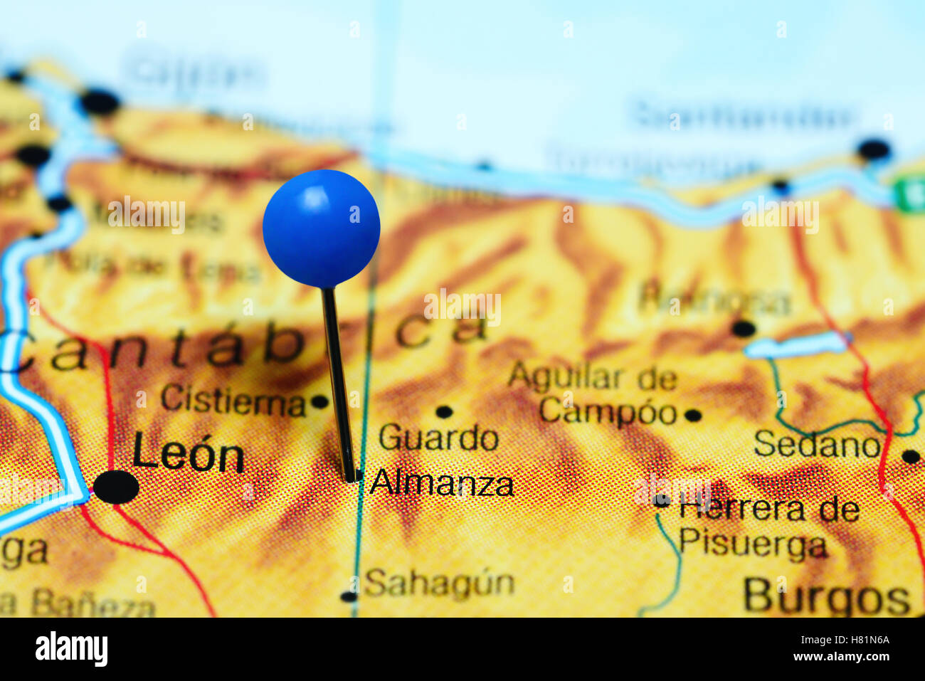 Almanza pinned on a map of Spain Stock Photo - Alamy