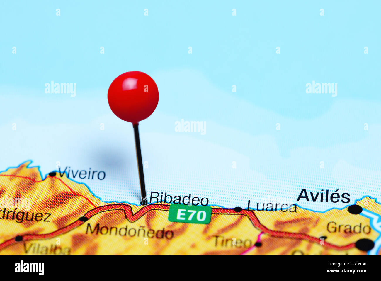 Ribadeo pinned on a map of Spain Stock Photo - Alamy