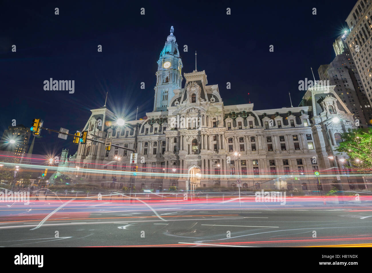 Philadelphia City Hall, at night with motion blur traffic, 1 Penn ...