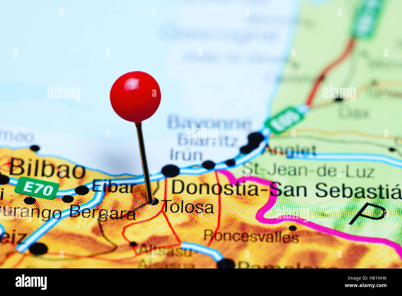 Tolosa pinned on a map of Spain Stock Photo - Alamy
