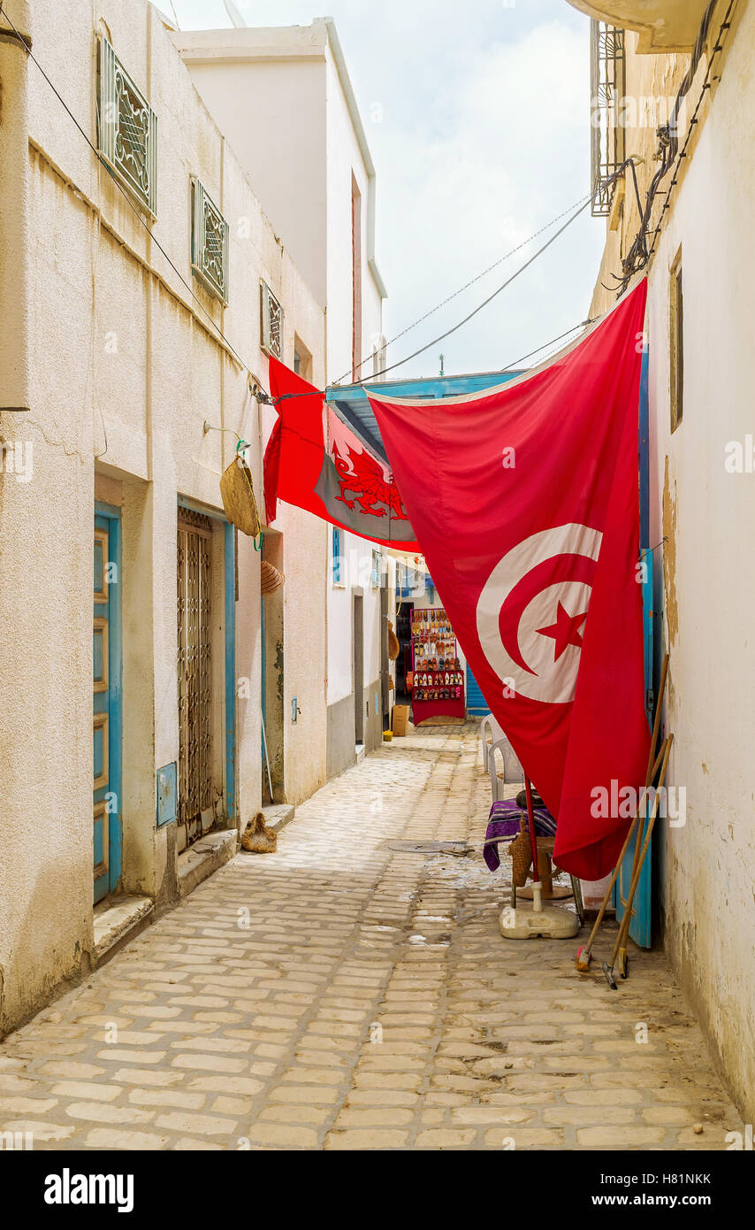 The outdoor cafe decorated with large National Flag and the emblems of ...