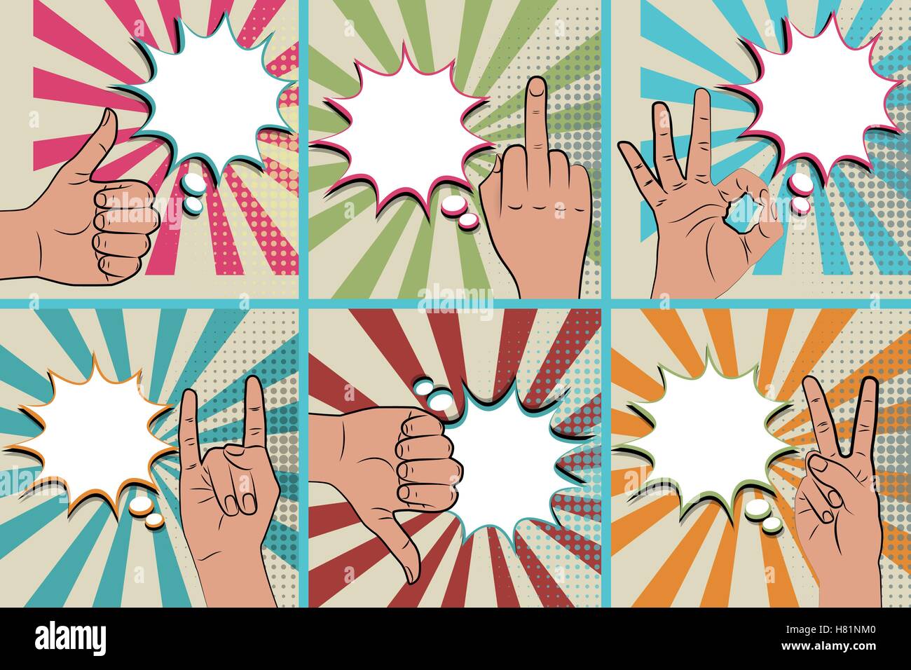 Hand sign comic text retro pop art style white round bubble. Gestures ...