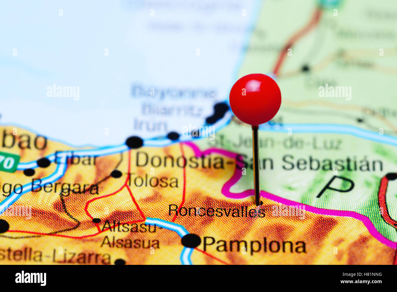 Roncesvalles pinned on a map of Spain Stock Photo - Alamy