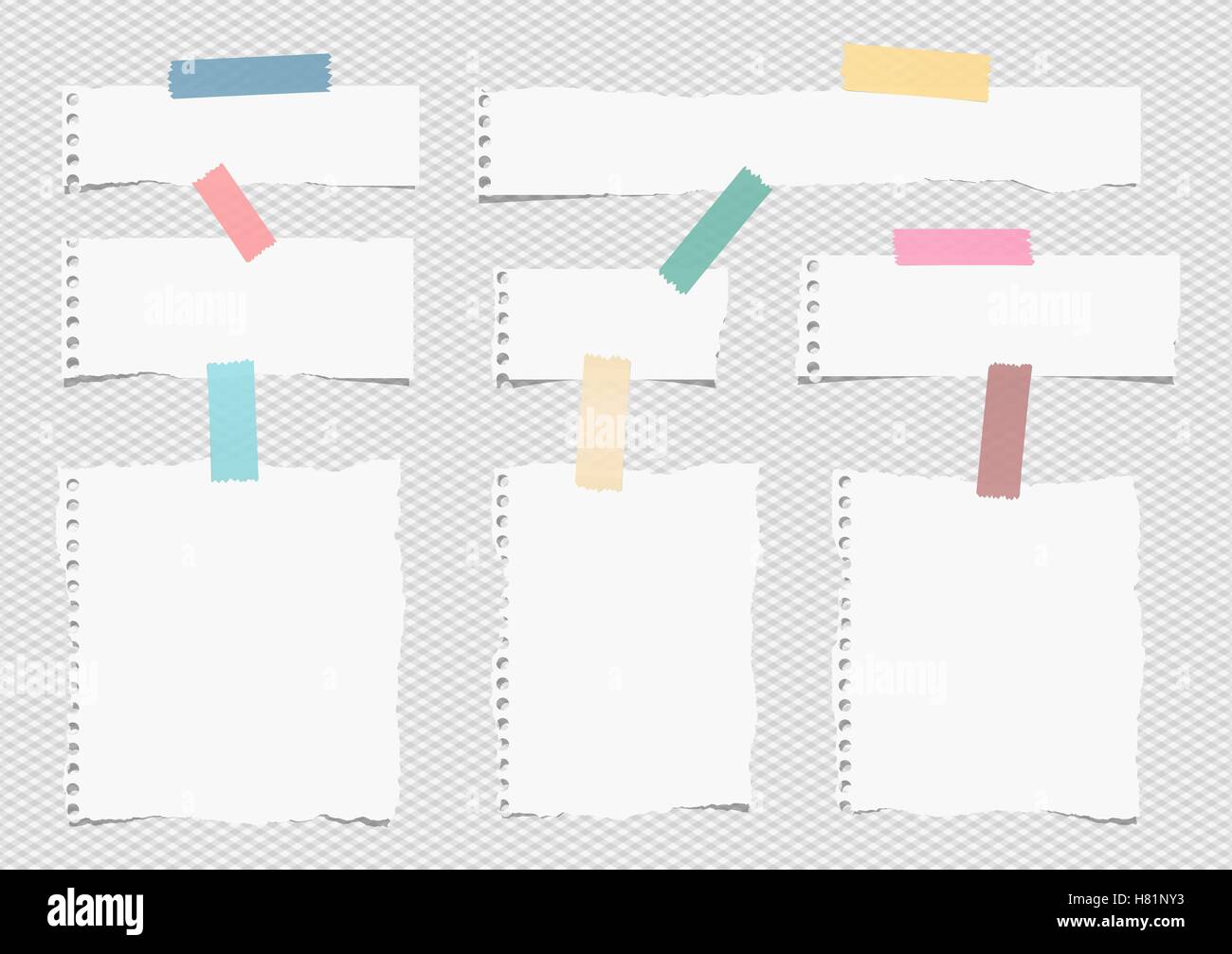 Pieces of white torn note, notebook paper sheets with colorful adhesive ...