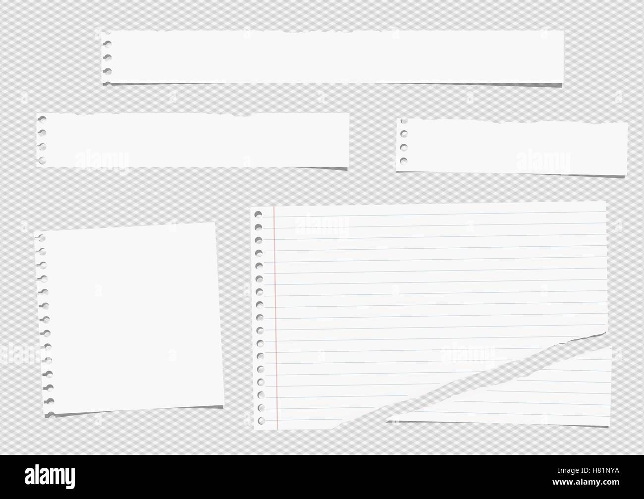 Pieces of white torn note, notebook paper sheets stuck on grey ...