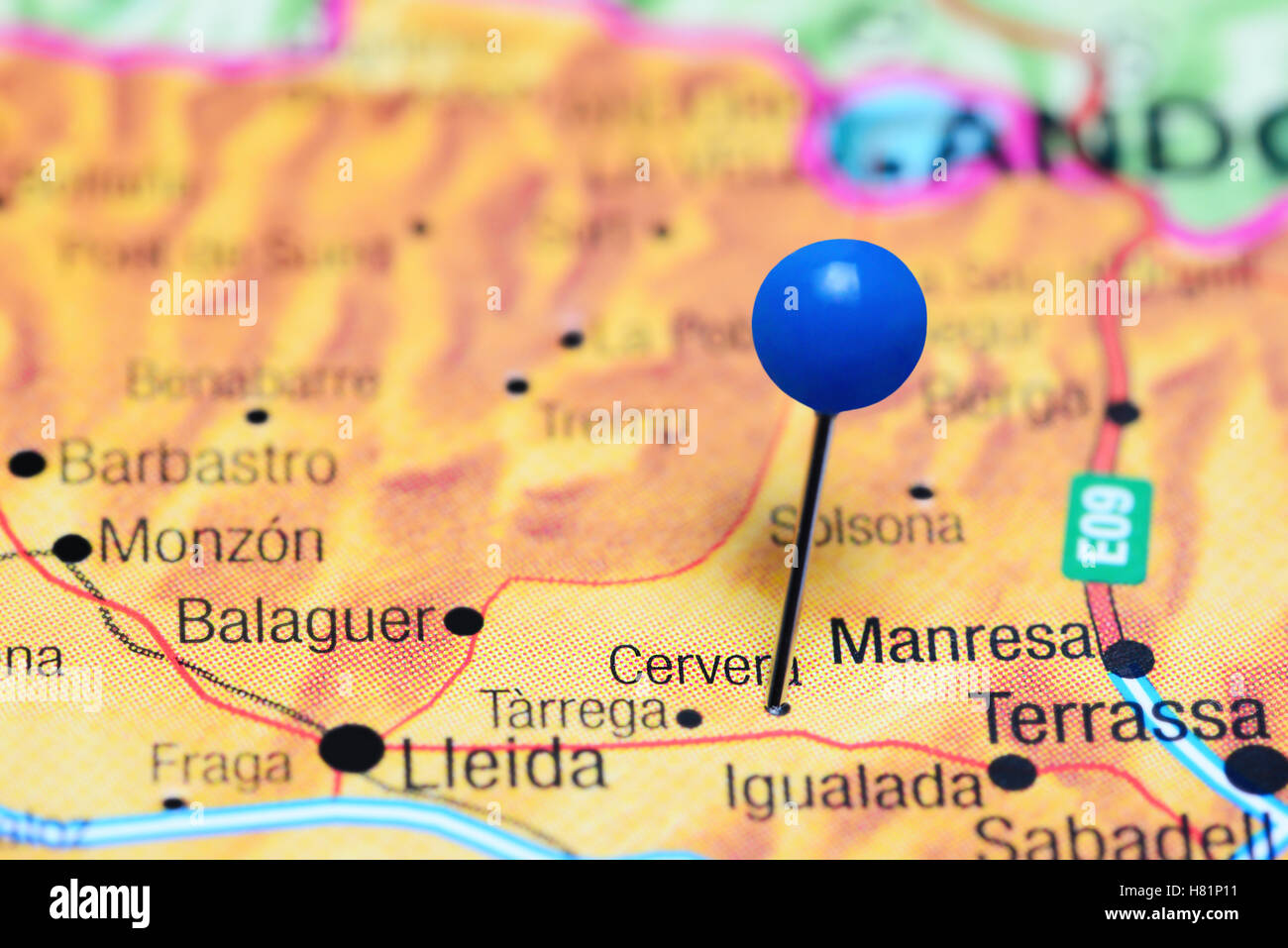 Cervera pinned on a map of Spain Stock Photo - Alamy