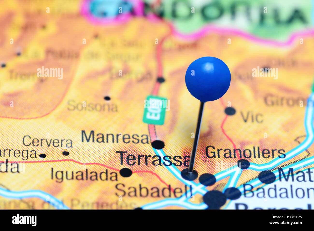 Terrassa pinned on a map of Spain Stock Photo - Alamy