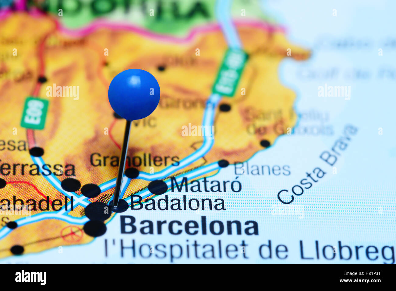 Badalona pinned on a map of Spain Stock Photo - Alamy