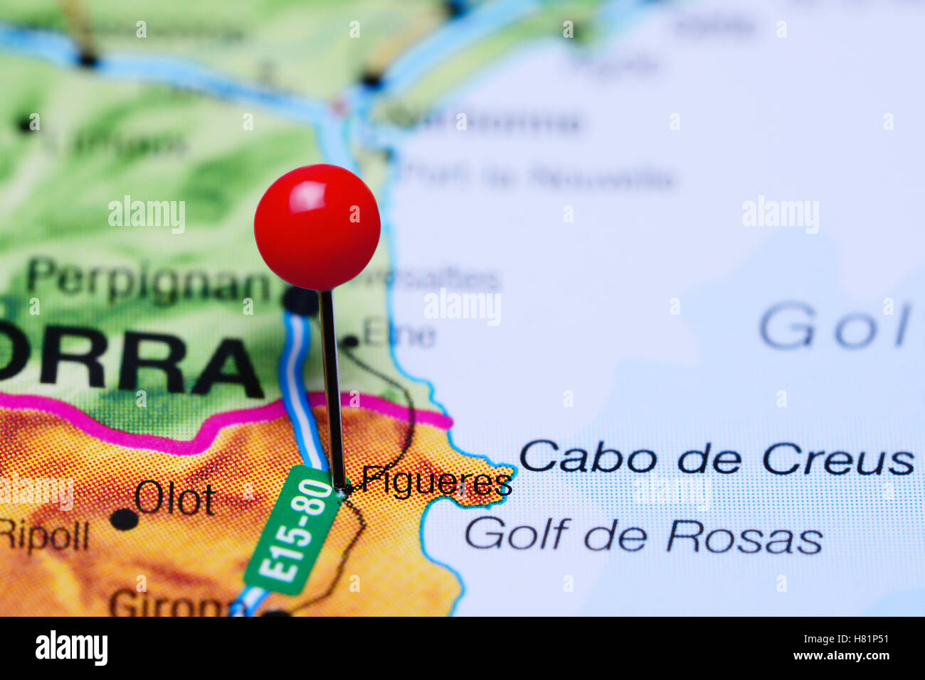 Figueres pinned on a map of Spain Stock Photo - Alamy