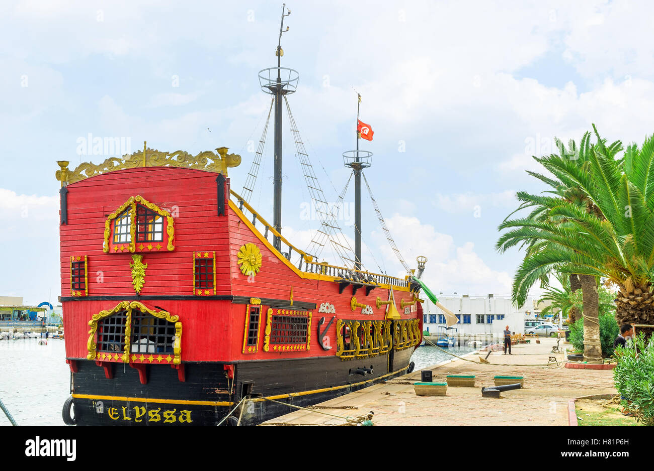 The colorful woden warship decorates the city promenade and serves as ...
