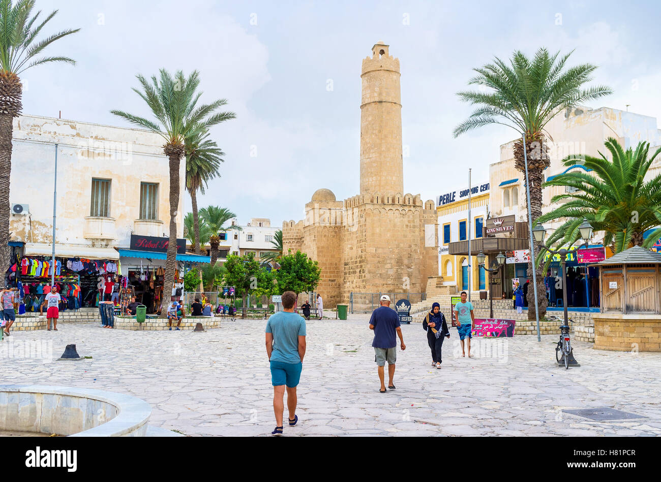 The central square of Medina with the medieval fortress of Ribat Stock ...