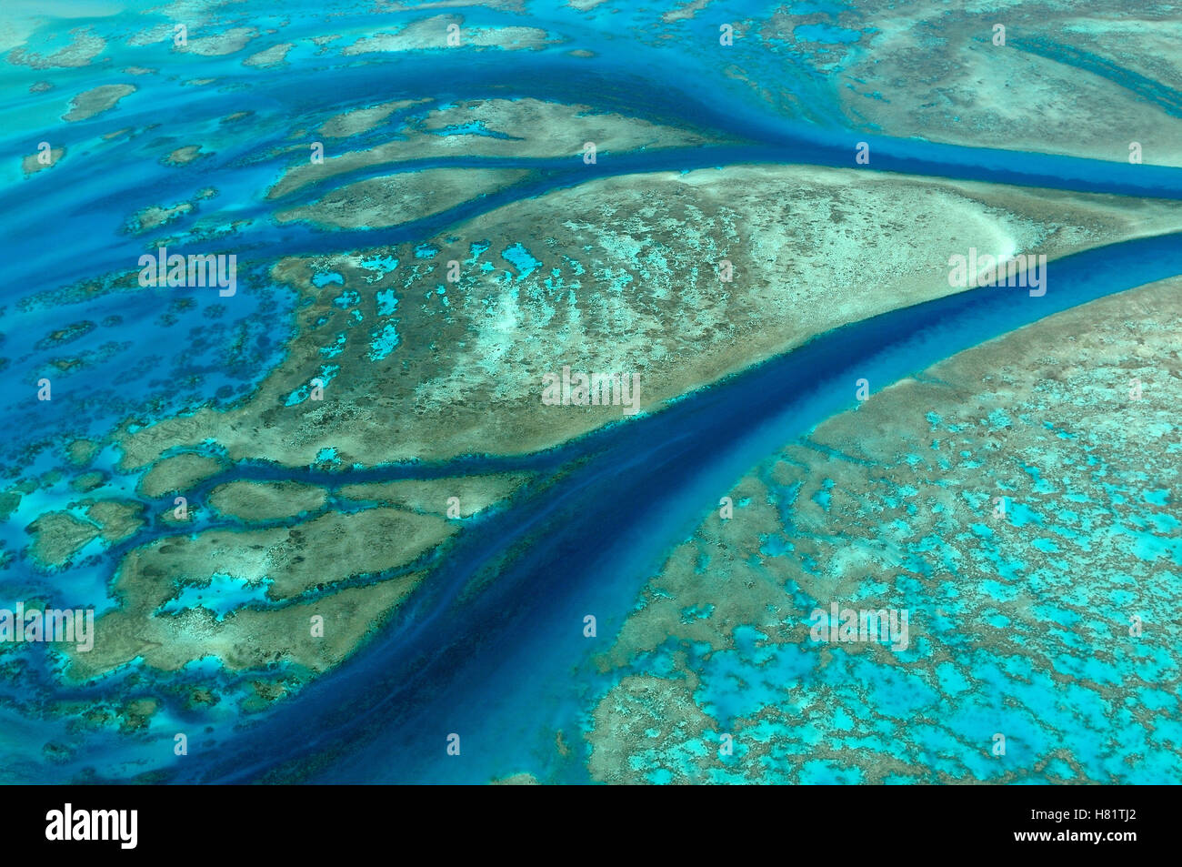Aerial view of tidal channels in coral which feed central lagoon ...