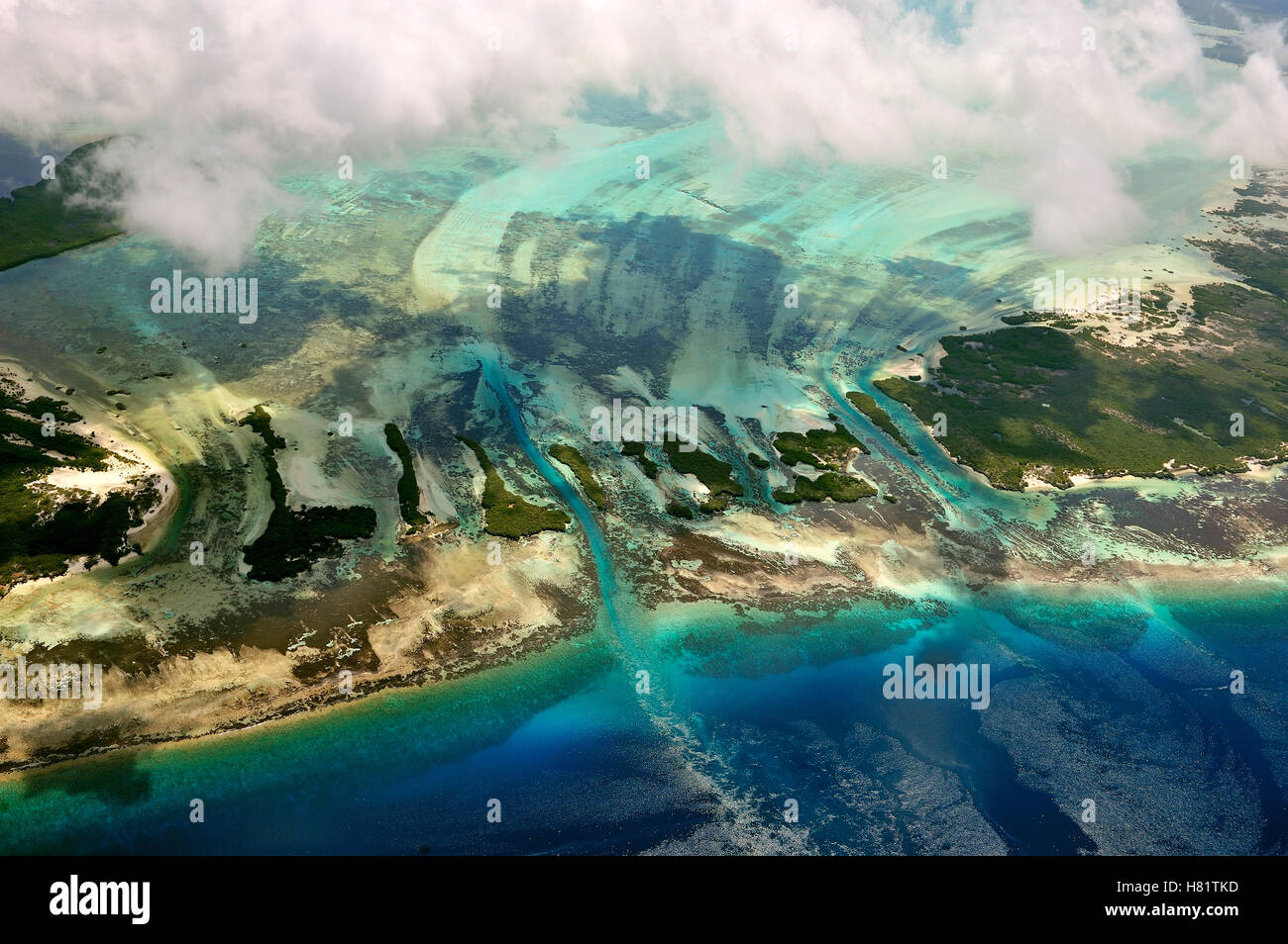 Aerial view of islands, coral and tidal channels at the coast, Aldabra ...
