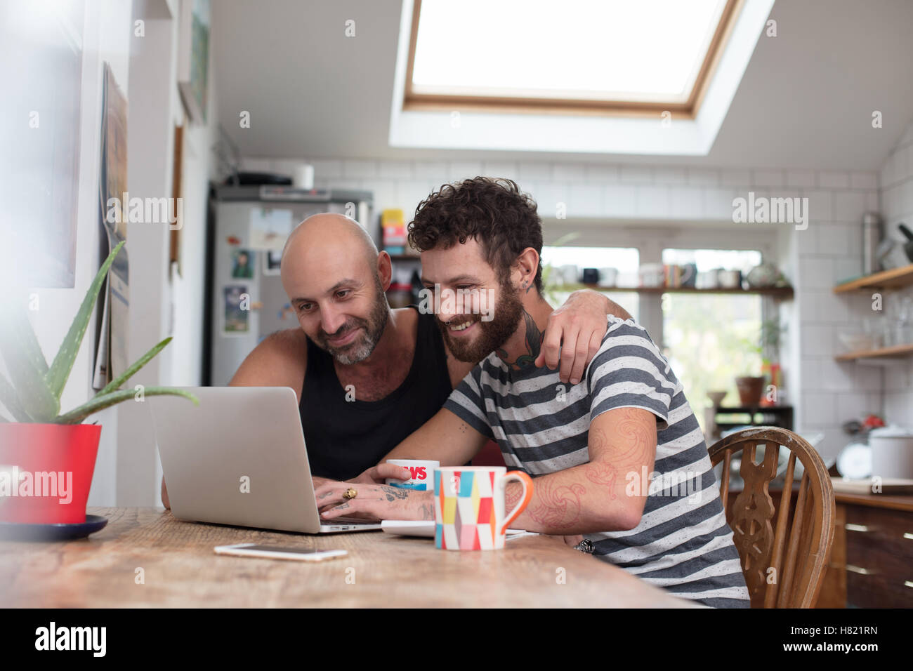 Gay couple using laptop in the kitchen Stock Photo - Alamy