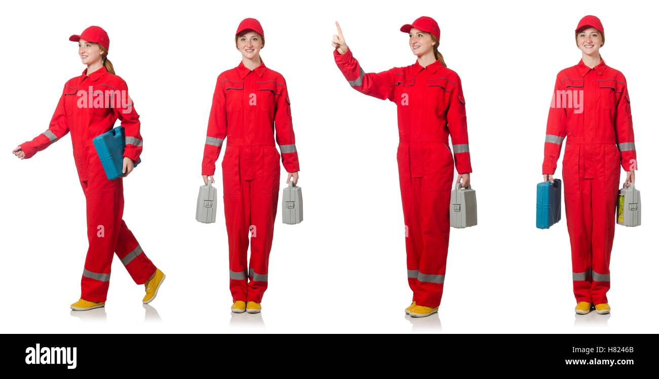 Woman in red overalls isolated on white Stock Photo - Alamy