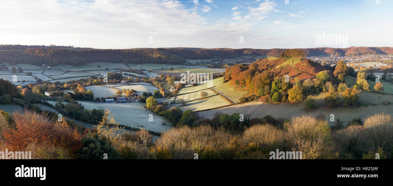 Downham Hill from Uley Bury on a cold frosty autumn morning at sunrise ...