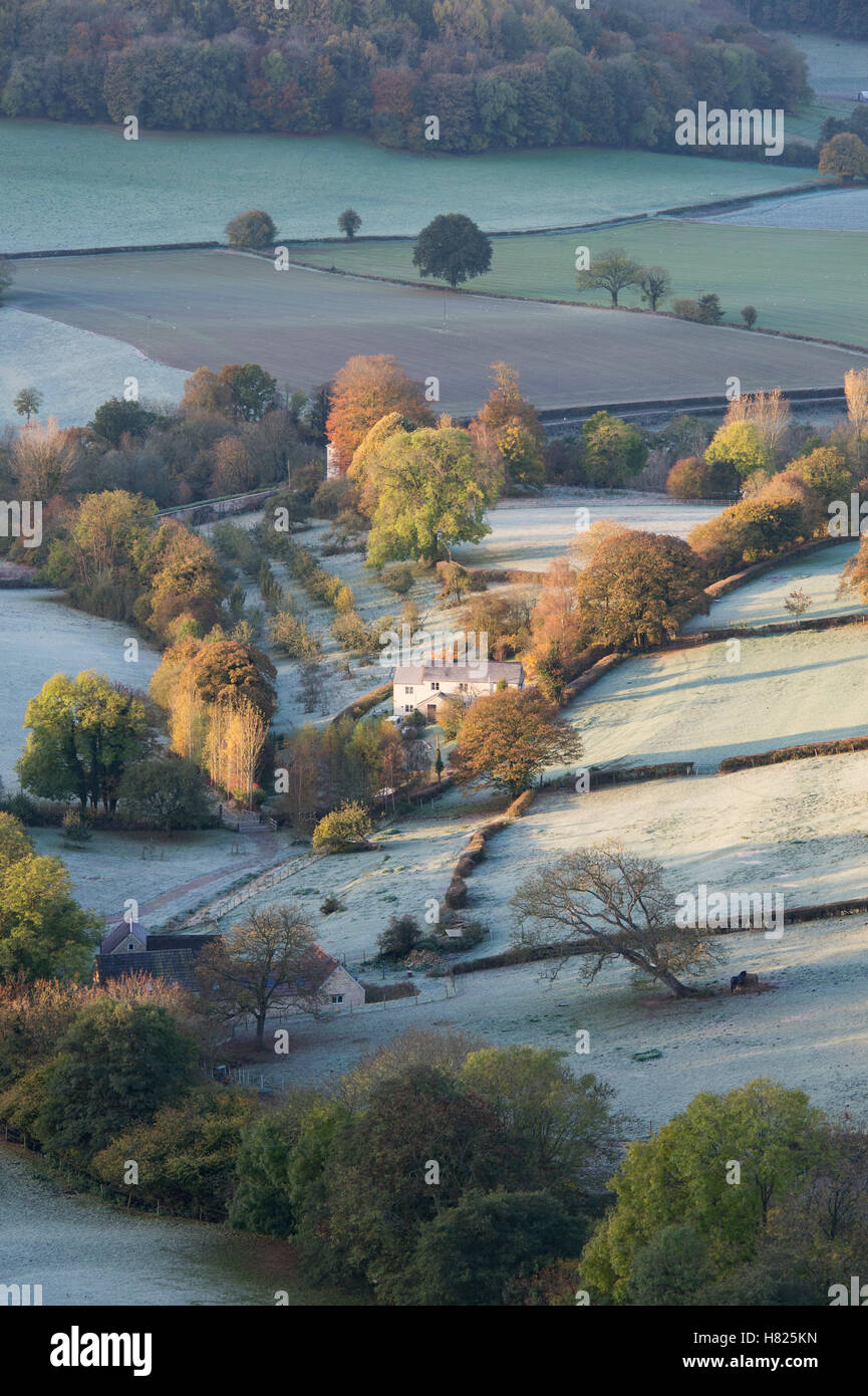 House and farmland in the valley of Downham Hill from Uley Bury on a ...