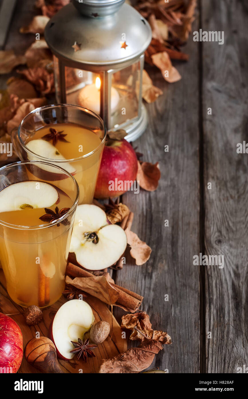 Hot apple cider with cinnamon sticks and spices on fall leaves ...