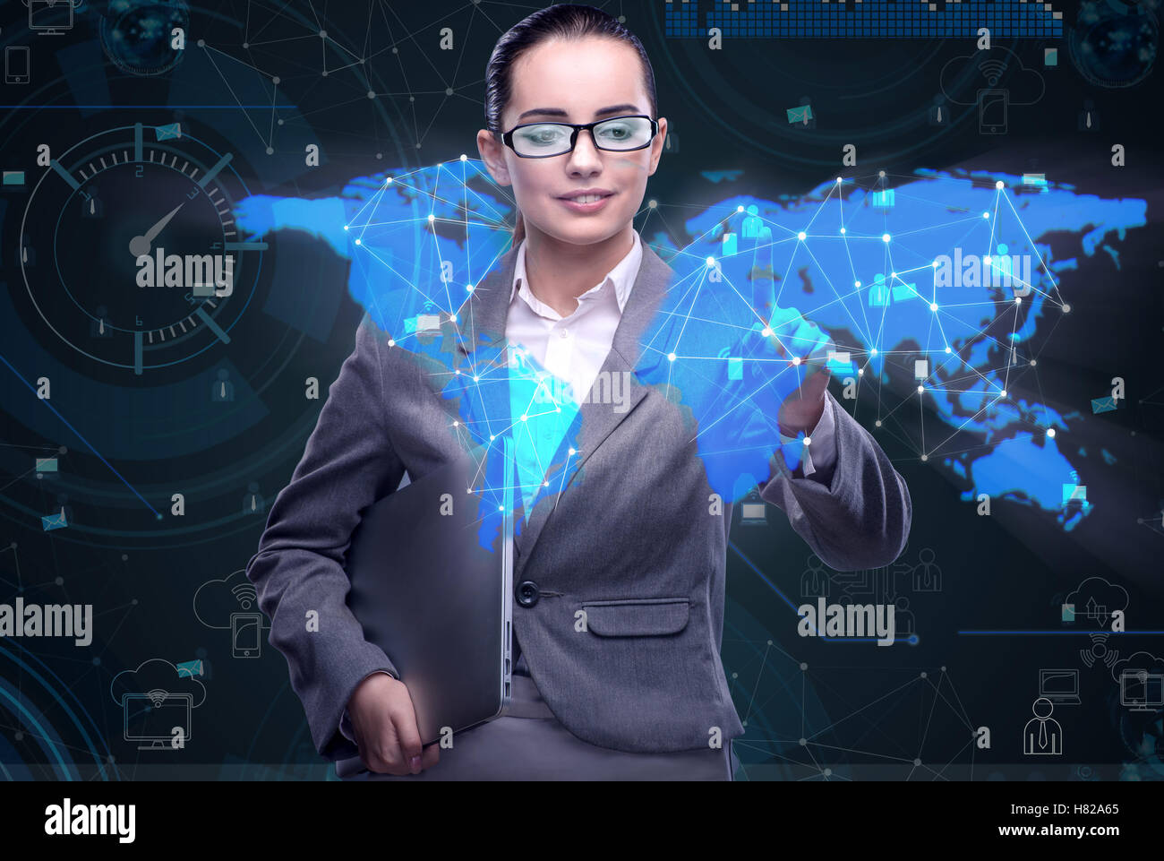 Woman in social data management concept Stock Photo - Alamy