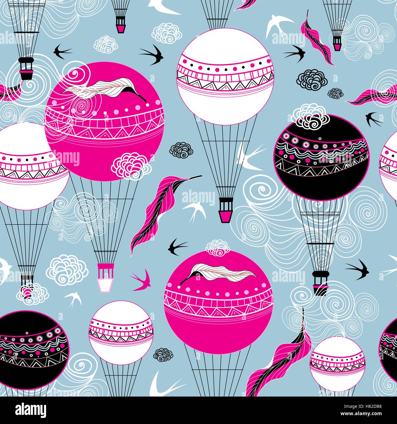 Graphic elegant design of balloons and swallows on a light background ...