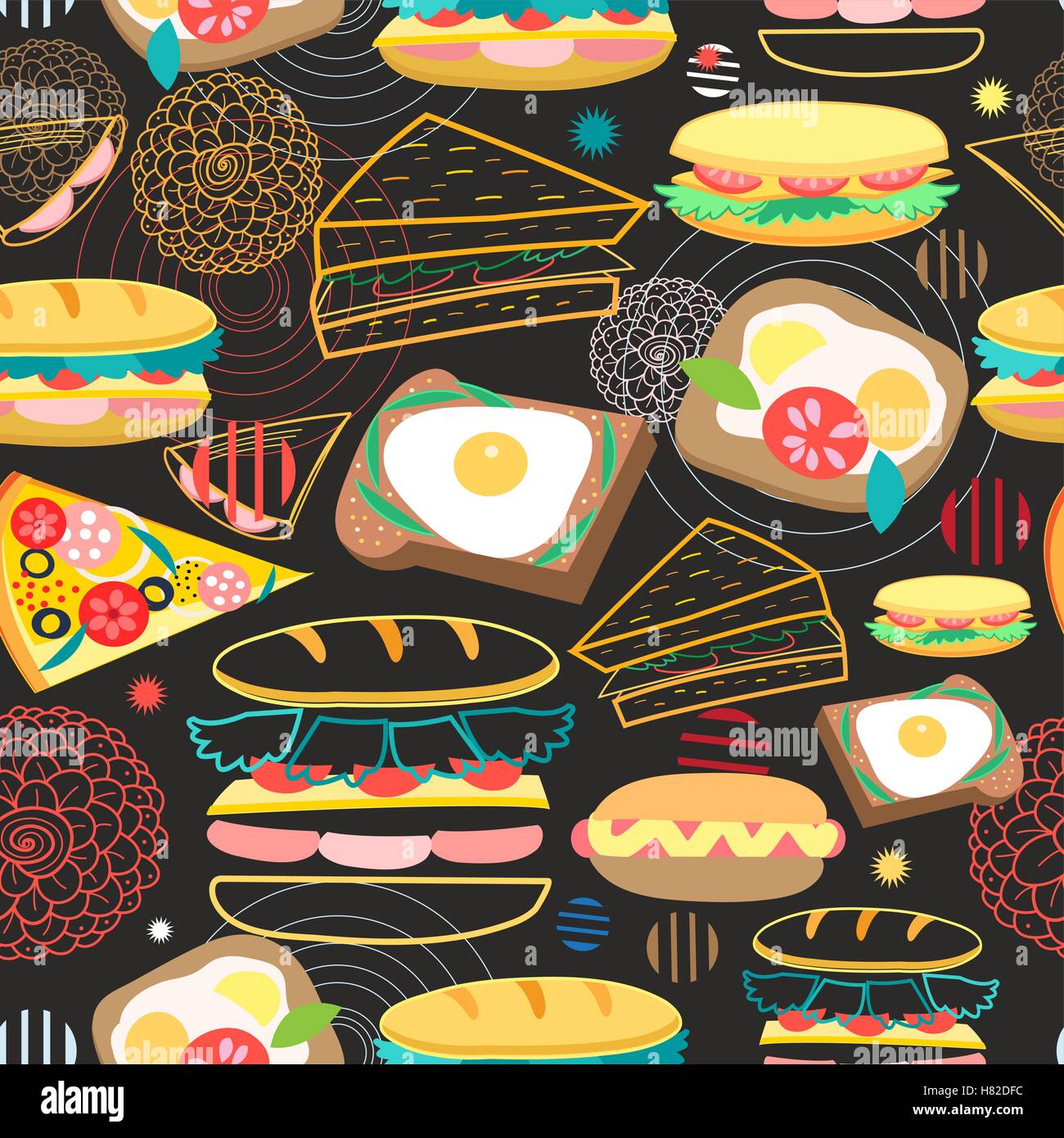 Seamless vector pattern of different sandwiches on a dark background ...