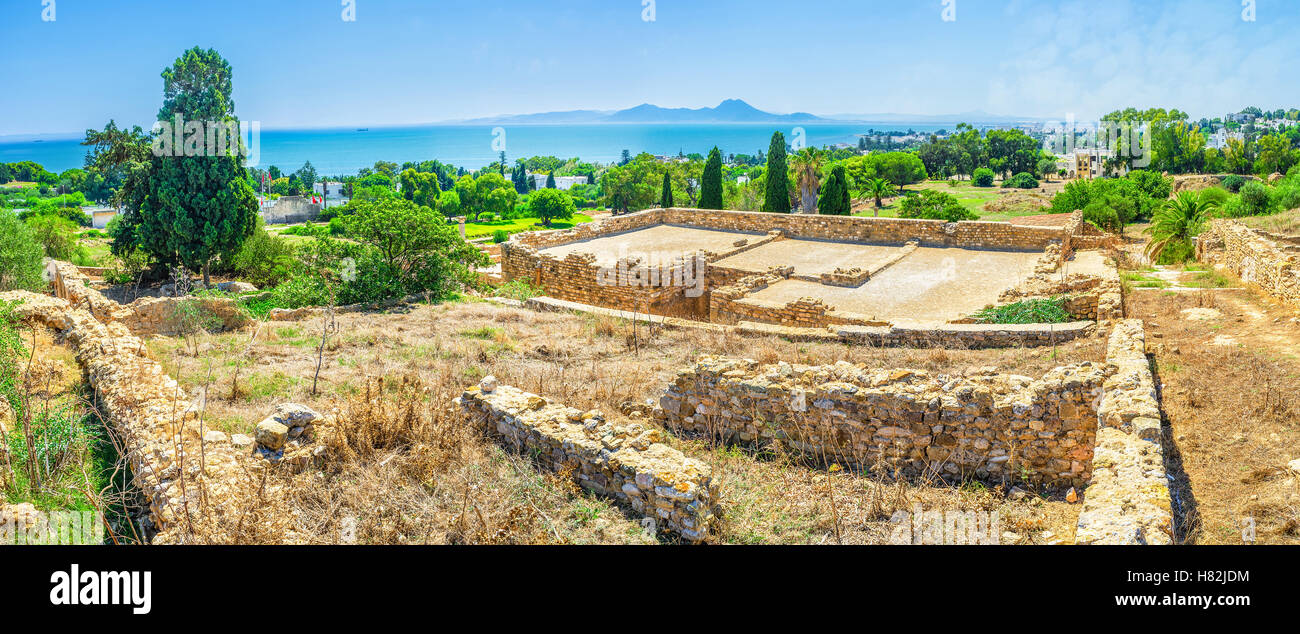 The view on the Roman ruins, landscape and gardens of Carthage and the ...