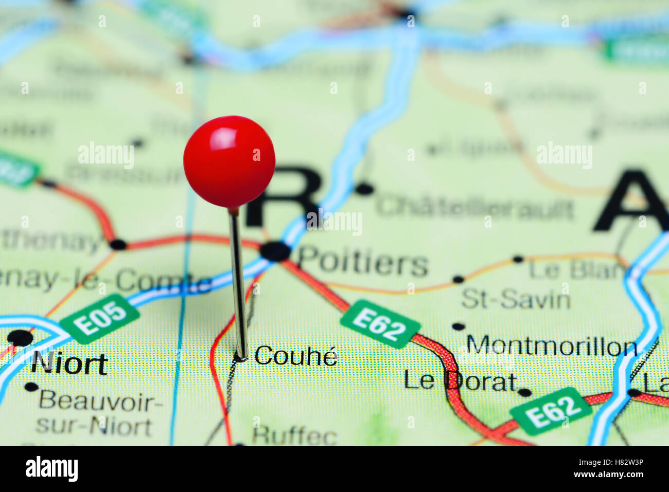Couhe pinned on a map of France Stock Photo - Alamy