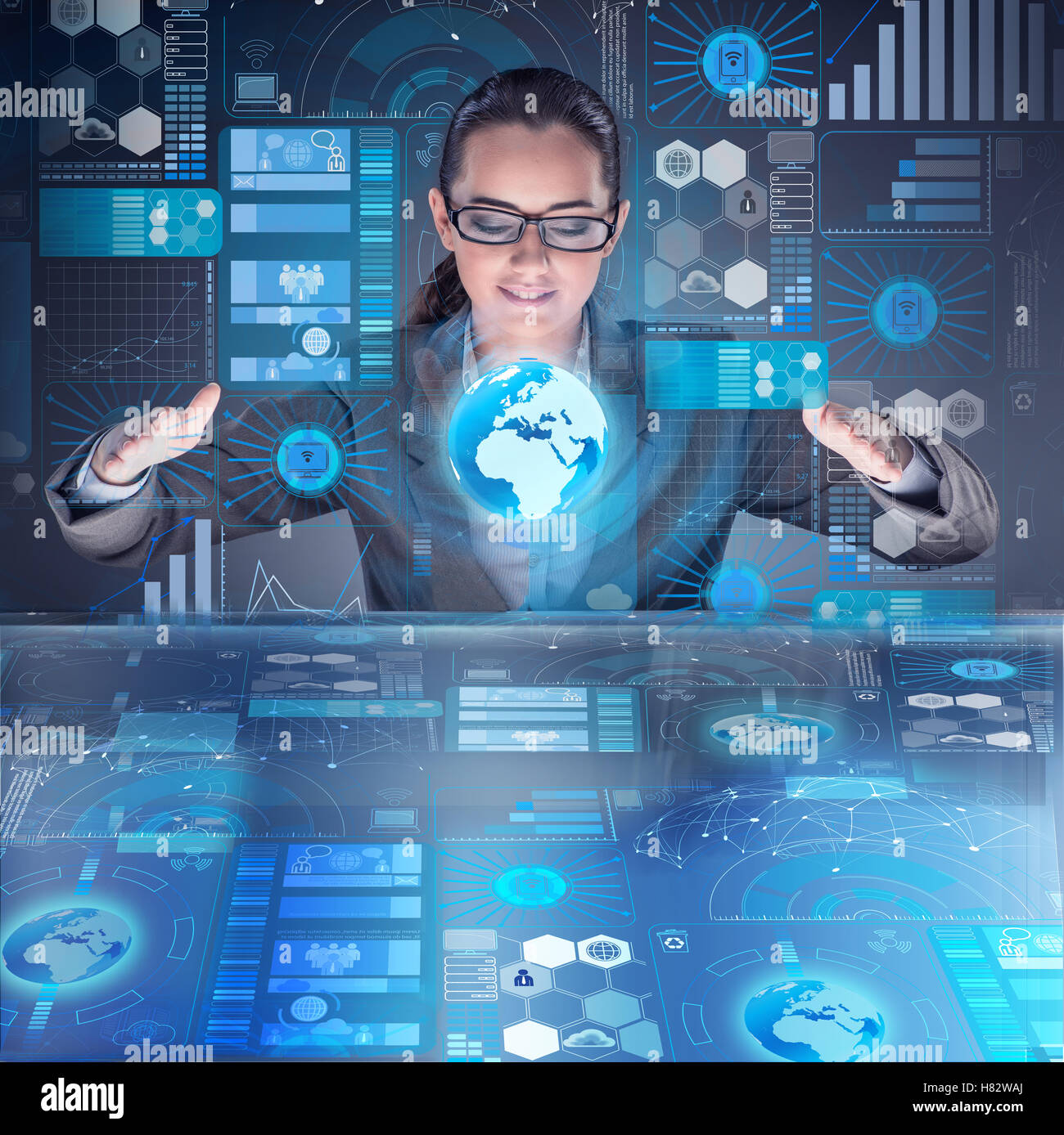 Futuristic media sharing concept with woman Stock Photo - Alamy