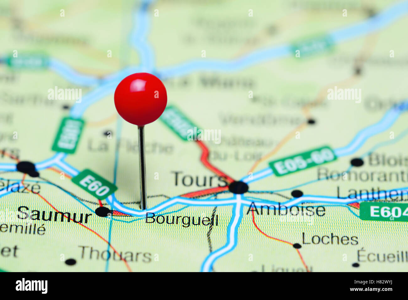 Bourgueil pinned on a map of France Stock Photo - Alamy