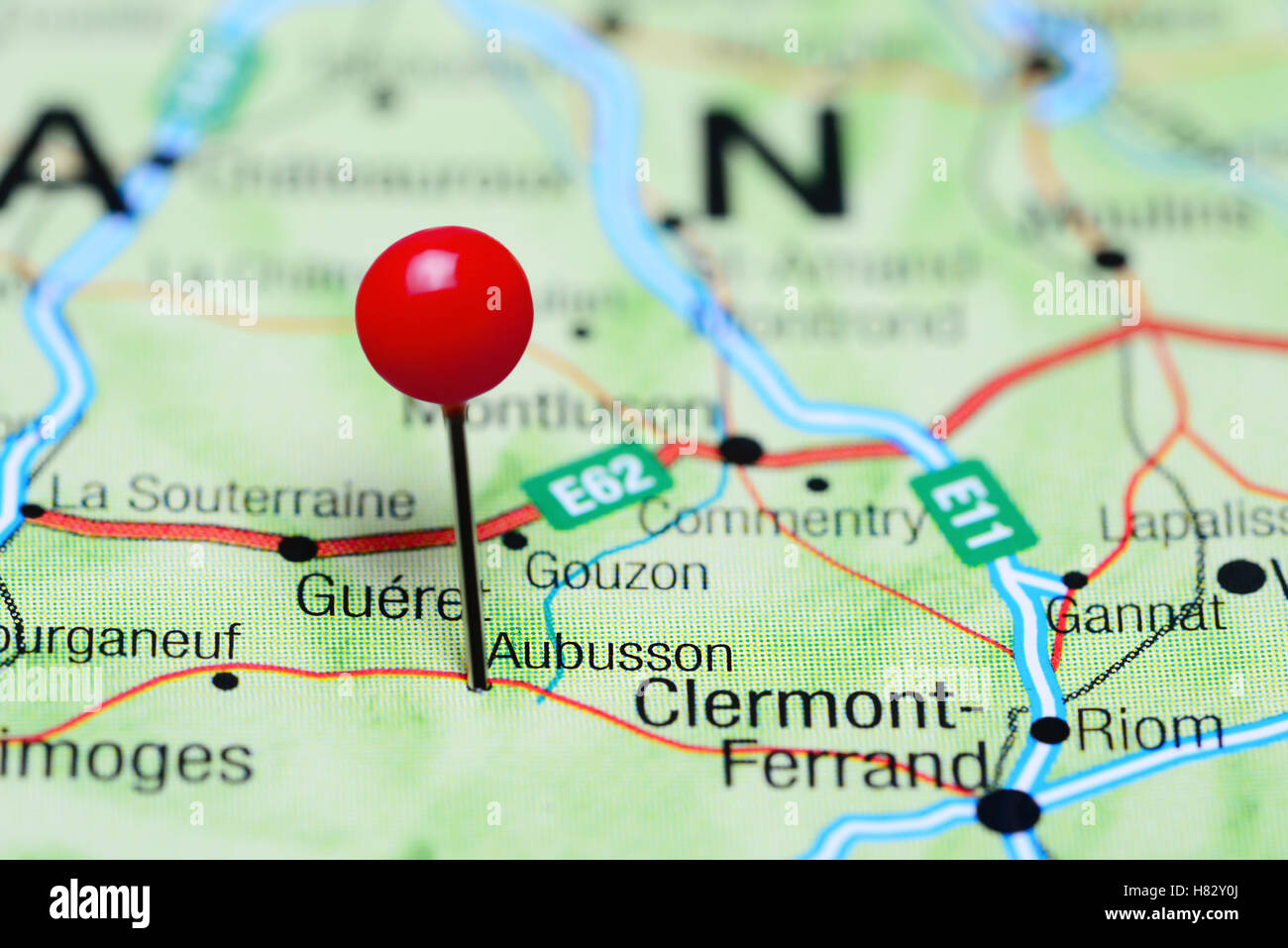 Aubusson pinned on a map of France Stock Photo - Alamy