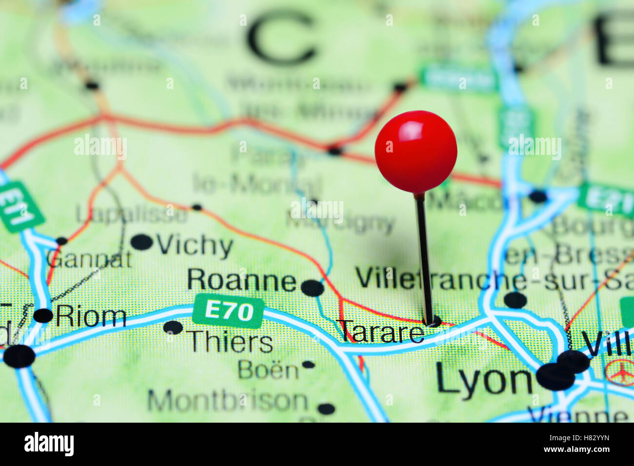 Tarare pinned on a map of France Stock Photo - Alamy