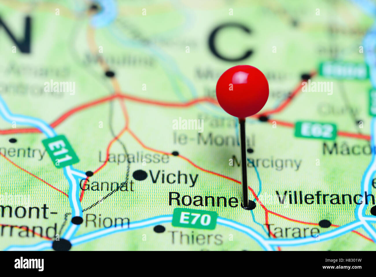 Roanne pinned on a map of France Stock Photo - Alamy