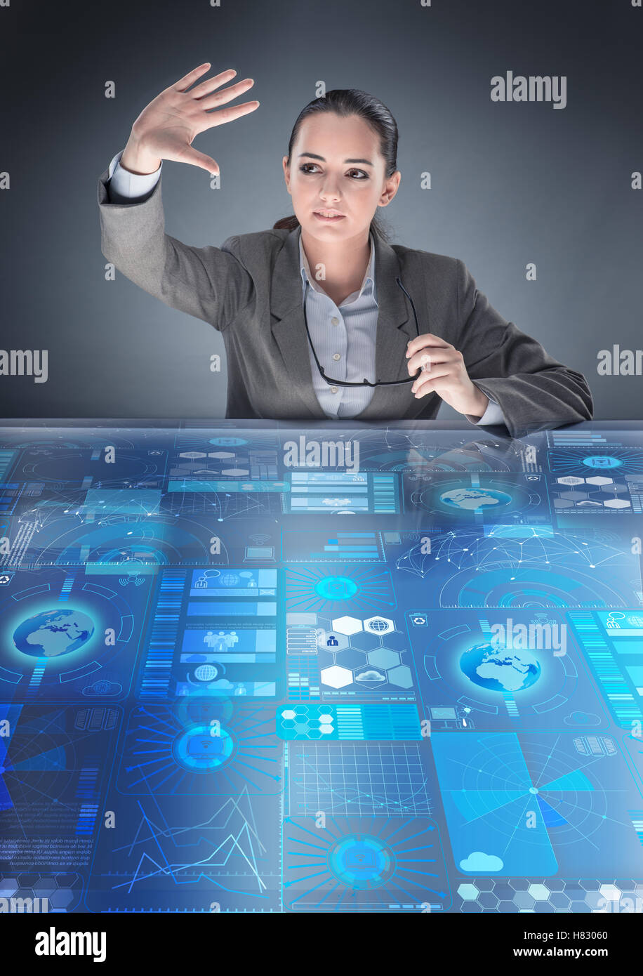 Futuristic media sharing concept with woman Stock Photo - Alamy