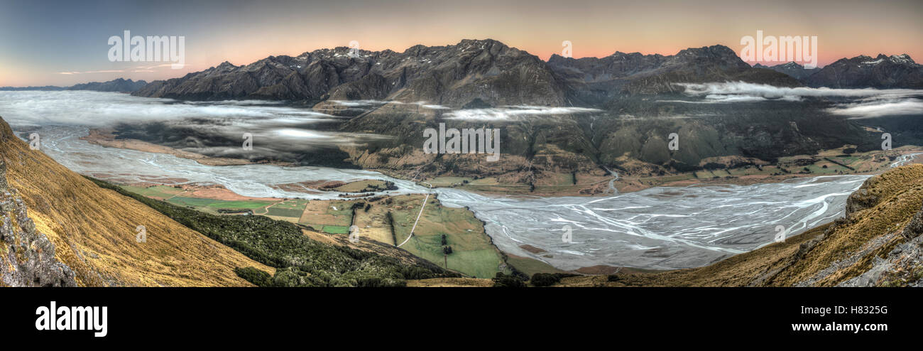 Dart River Valley and Humboldt Range at dawn and Routeburn Track seen ...