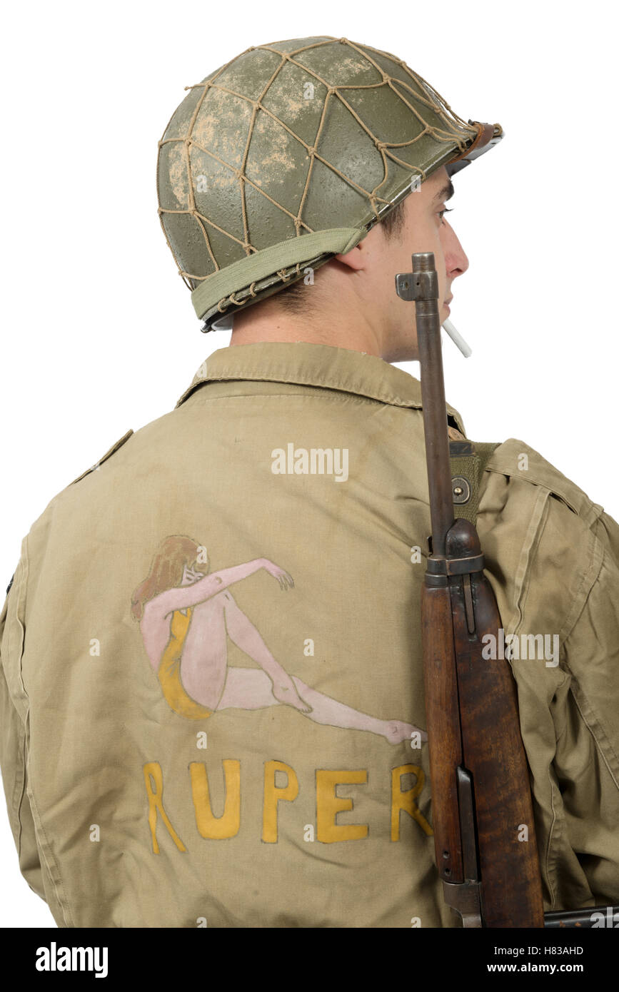 American young soldier ww2, back view on white background Stock Photo ...