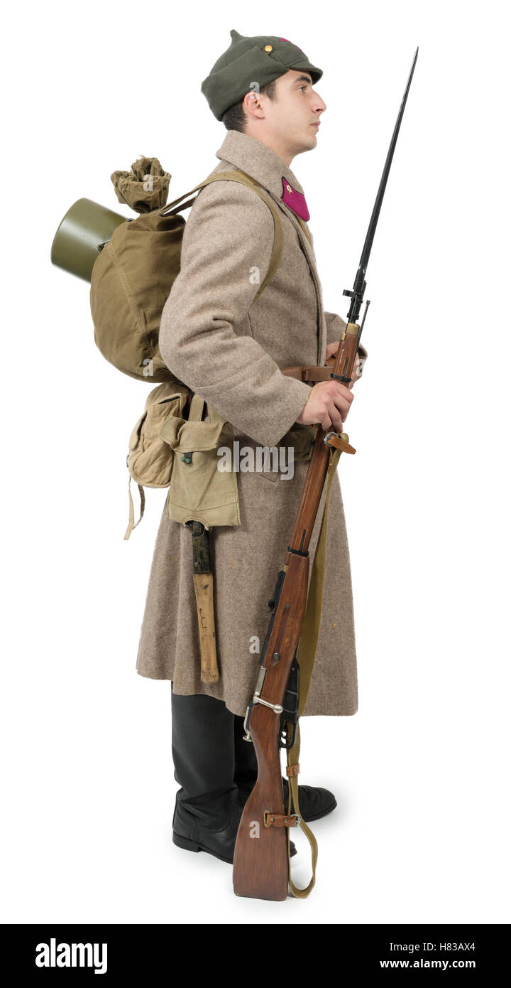 young Soviet soldier with winter uniform isolated on the white ...