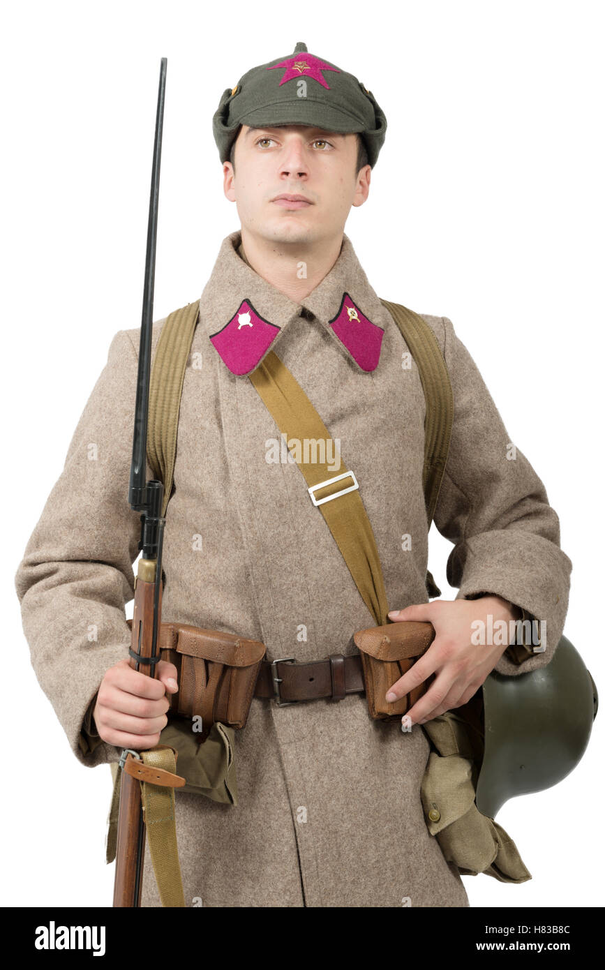 young Soviet soldier with winter uniform isolated on the white ...