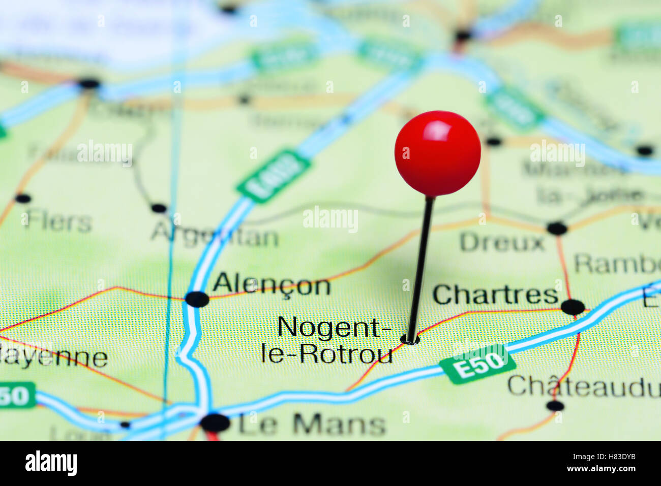 Nogent-le-Rotrou pinned on a map of France Stock Photo - Alamy